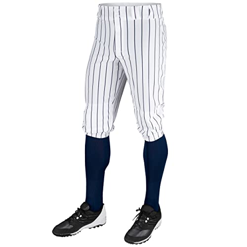 CHAMPRO Triple Crown Knicker Style Baseball Pants with Knit-in Pinstripes and Reinforced Sliding Areas, White,navy, X-Large
