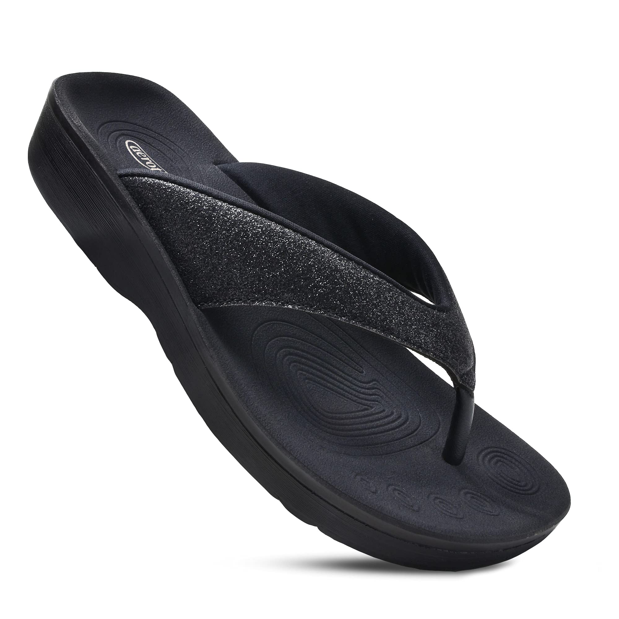 AEROTHOTIC Slip On Recovery Footwear Plantar Fasciitis Flip Flops for Women Yoga Mat Outdoor Walking Beach Ladies Arch Support Summer Thong Dressy Casual Sandals (Crystal Black, Size 7)