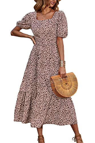 PRETTYGARDEN Women's Bohemian Dress Leopard Tie-Back Square Neck Puff Sleeve Ruffled Hem Summer Maxi Dresses(Pink,Large)