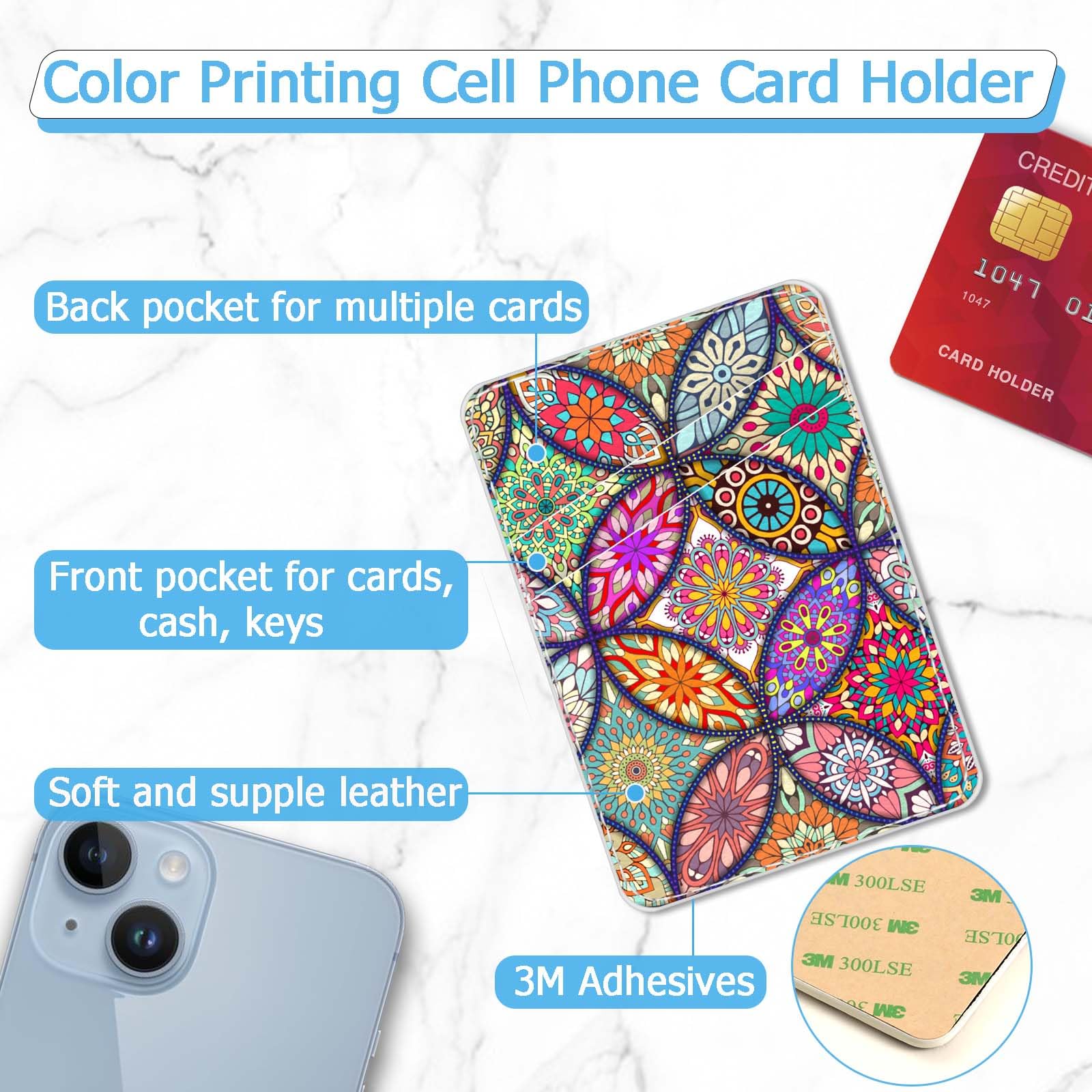 TIHYWR Leather Phone Card Holder Phone Wallet, Stick Back Phone Wallet Sticker Stylish Phone Case Credit Card Holder, Suitable for iPhone, Samsung, Android and Most Smart Phones.Five Color Flowers