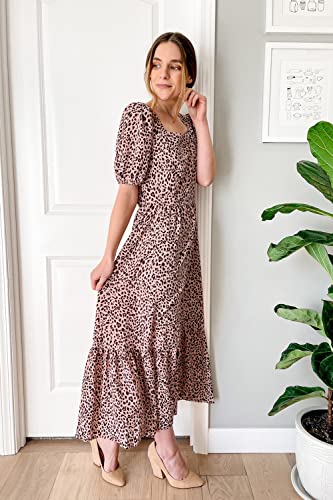 PRETTYGARDEN Women's Bohemian Dress Leopard Tie-Back Square Neck Puff Sleeve Ruffled Hem Summer Maxi Dresses(Pink,Large)