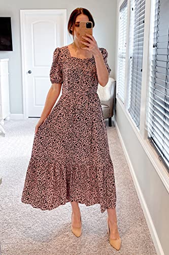 PRETTYGARDEN Women's Bohemian Dress Leopard Tie-Back Square Neck Puff Sleeve Ruffled Hem Summer Maxi Dresses(Pink,Large)