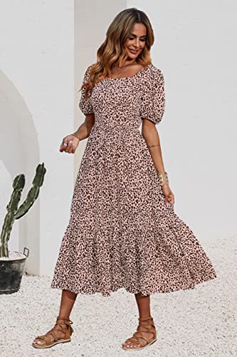 PRETTYGARDEN Women's Bohemian Dress Leopard Tie-Back Square Neck Puff Sleeve Ruffled Hem Summer Maxi Dresses(Pink,Large)