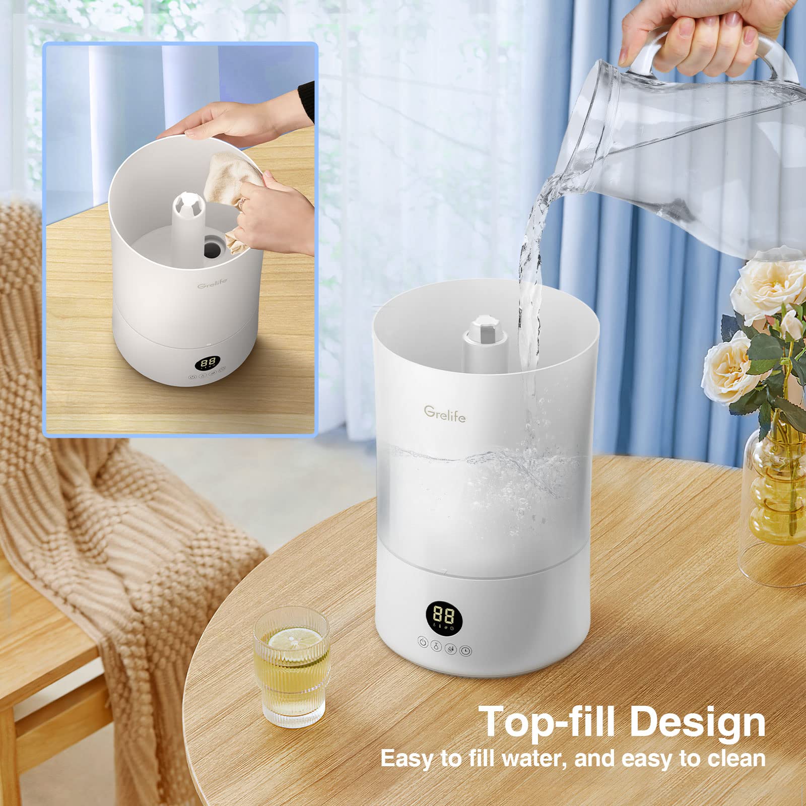 Humidifiers for Bedroom Large Room, Ultrasonic Cool Mist Humidifier for Baby Nursery and Plants, Up to 24 Hours, Top Fill, Night Light, Auto Shut Off, Easy Clean, Quiet