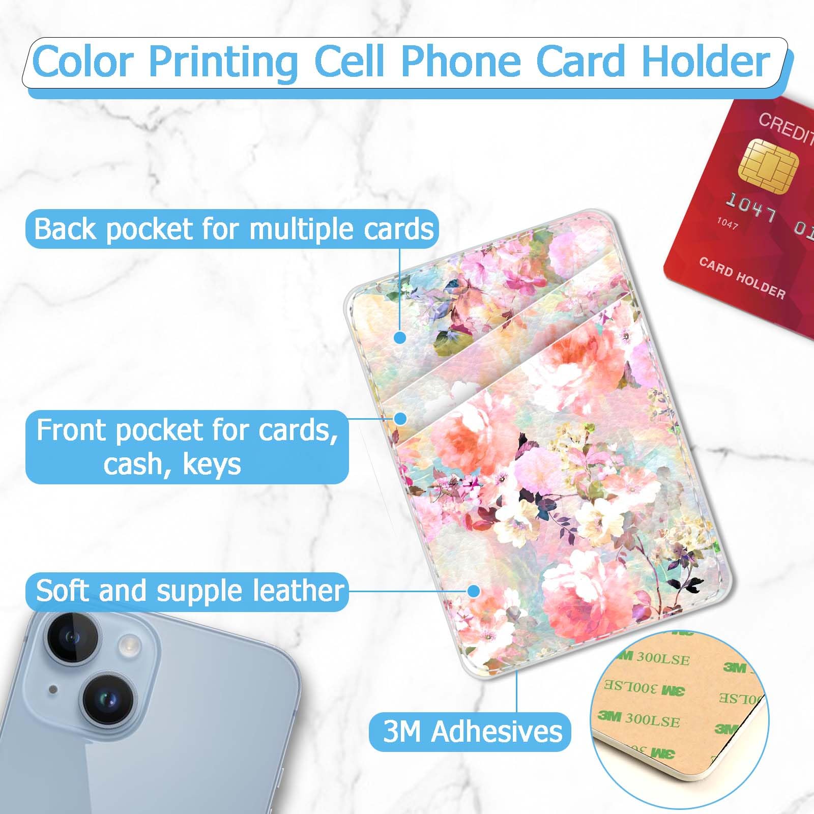 Leather Phone Card Holder Phone Wallet, Stick Back Phone Wallet Sticker Stylish Phone Case Credit Card Holder, Suitable for iPhone, Samsung, Android and Most Smart Phones.Pink Flowers