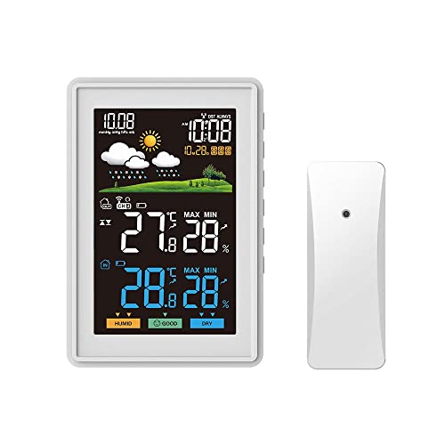 XARONF Weather Station Indoor Outdoor Thermometer, Color Display Digital Weather Thermometer with Atomic Clock, Forecast Station with Calendar and Adjustable Backlight, Black (Color : White)