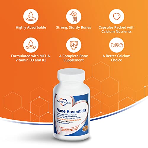 Cardiotabs Bone Essentials with MCHA & Collagen, Calcium Supplement w/ Calcium Hydroxyapatite for High Absorption, Bone Density and Heart Supplement w/ Vitamins, Minerals & Proteins, 120 Capsules