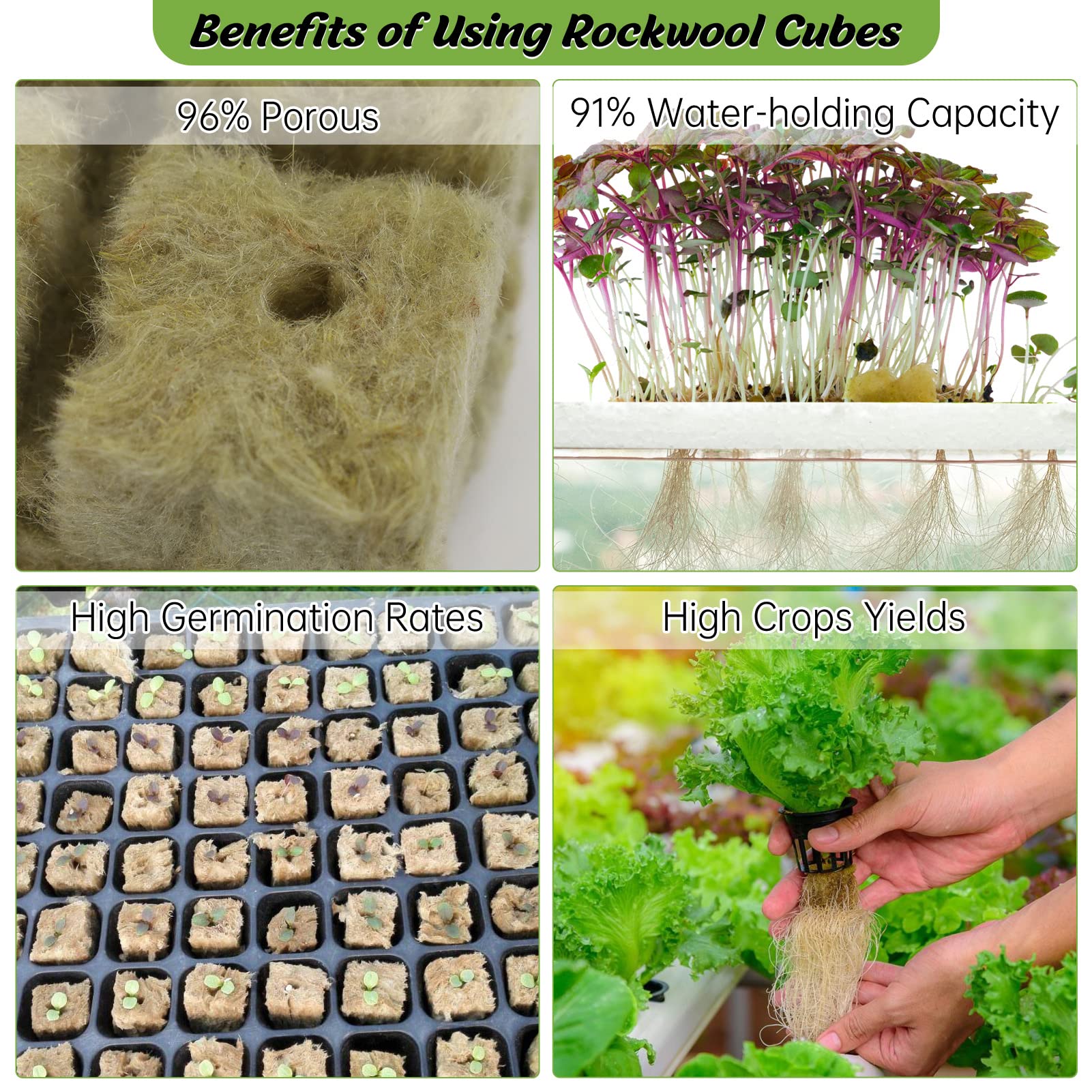 72 sets Rockwool Cubes for Hydroponics with Net Pots, 1in Rock Wool Planting Cubes 72 Plugs & 50 Net Cups 1.5 inch Hydroponic & 50 Article Self Watering Cotton Wick Cord for Hydroponics Supplies