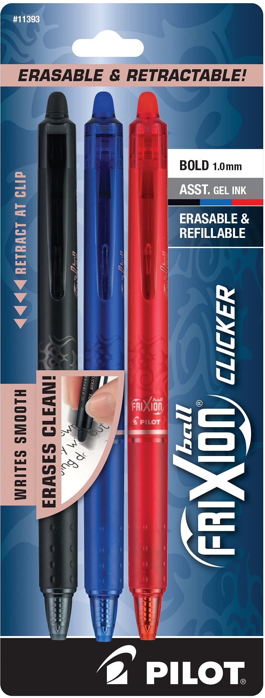 (2) Pilot Frixion Clicker Erasable Pen Black, Blue and Red Gel ink. 3 pack Bold, 1.0 mm, 11393