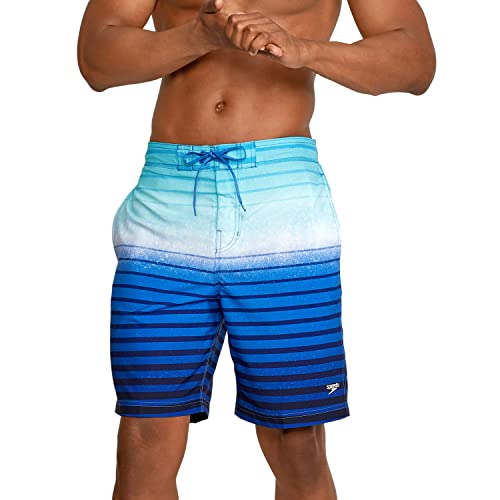 Speedo Men's Standard Swim Trunk Knee Length Boardshort Bondi Striped, 20" Spray Palace Blue, XL