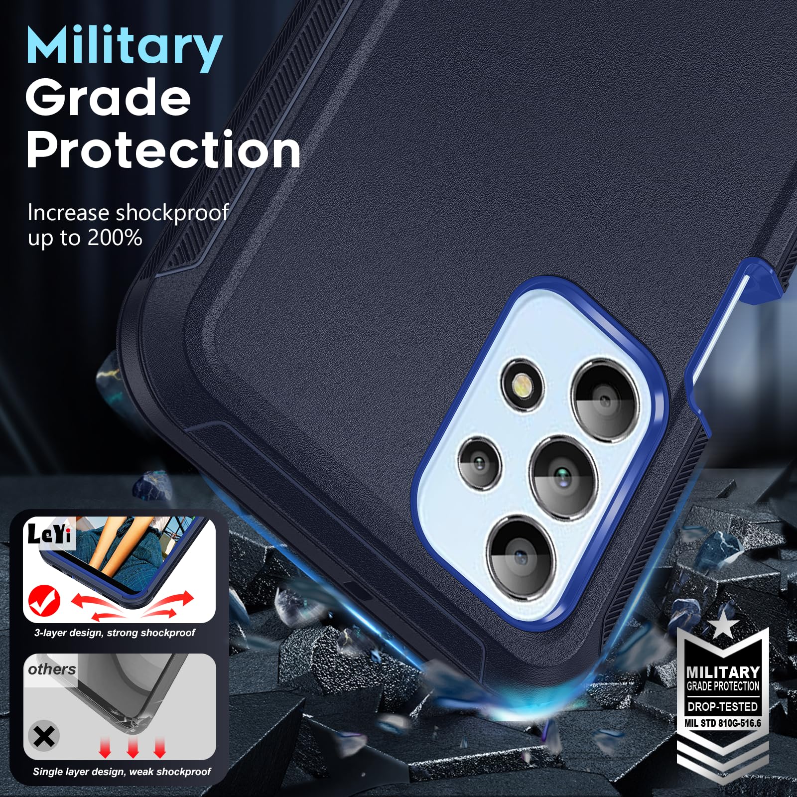 LeYi Compatible for Samsung Galaxy A23 5G Case: Samsung A23 Case [Not Fit A23 5G UW Verizon] with 2 PCS Tempered Glass Screen Protectors, 3 in 1 Full Body Shockproof Rubber Dustproof Rugged Case, Blue