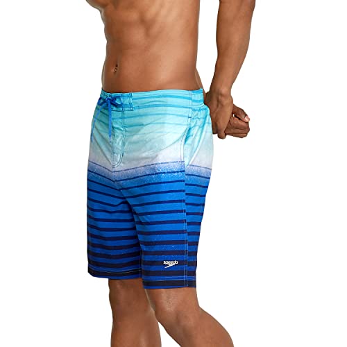 Speedo Men's Standard Swim Trunk Knee Length Boardshort Bondi Striped, 20" Spray Palace Blue, XL