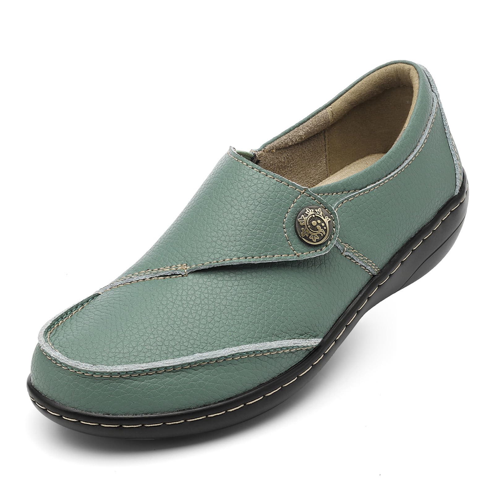 TERRIKAT Women's Classic Casual Green Leather Loafers Cute Moc Toe Slip On Comfort Walking Flats Lightweight Work Shoes 10.5 M US 1202-Lv10.5