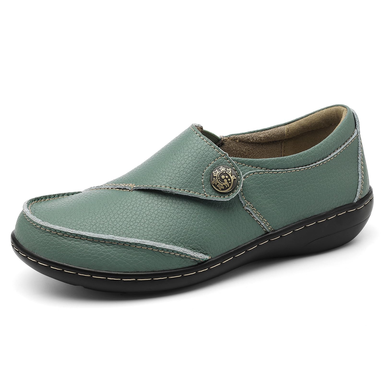 TERRIKAT Women's Classic Casual Green Leather Loafers Cute Moc Toe Slip On Comfort Walking Flats Lightweight Work Shoes 10.5 M US 1202-Lv10.5