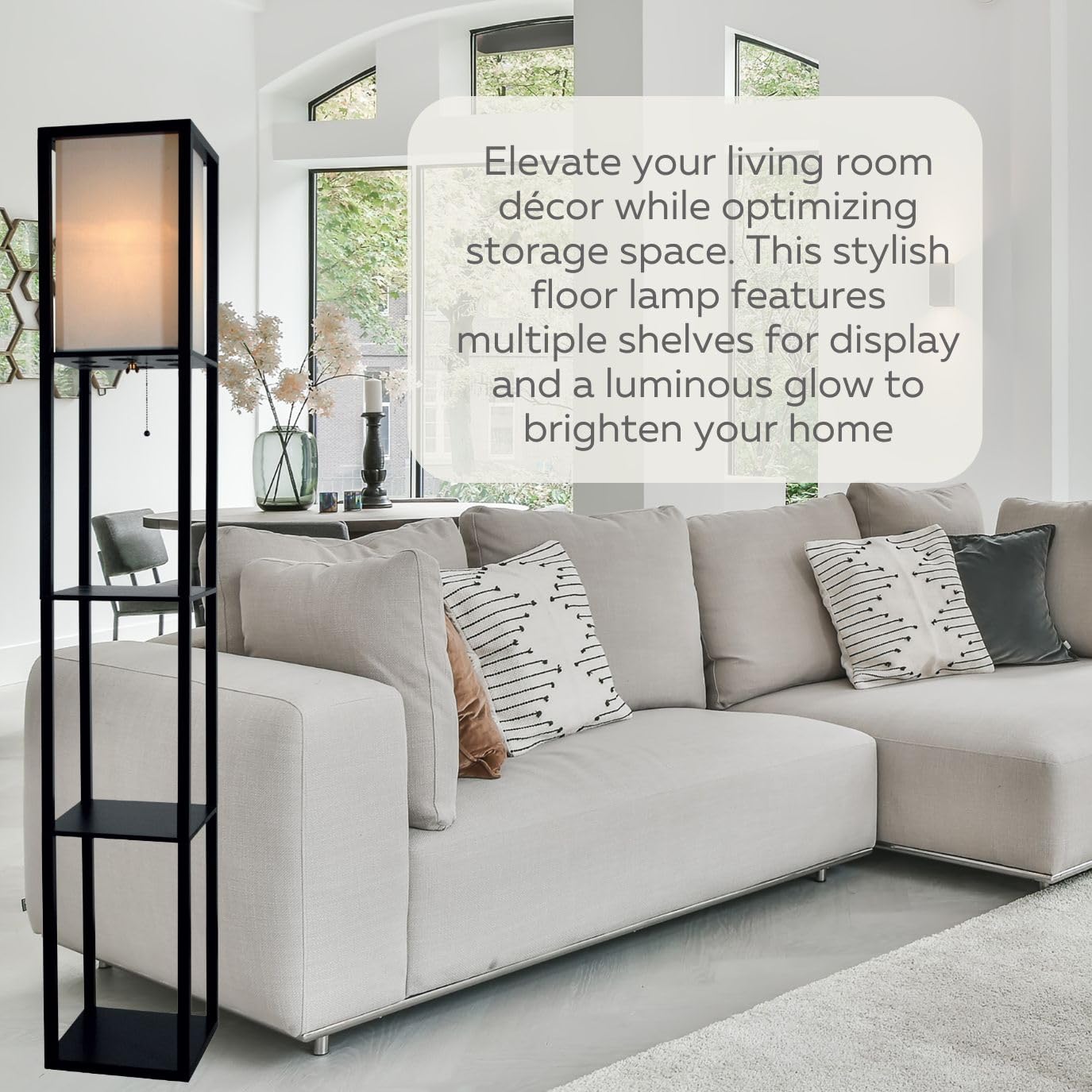 Floor Lamp with Shelves - Room Light by LIGHTACCENTS - Corner Storage Standing Bookshelf Lamp - Bedroom Light with Wooden Storage Shelves and White Cotton Linen Shade (Black)
