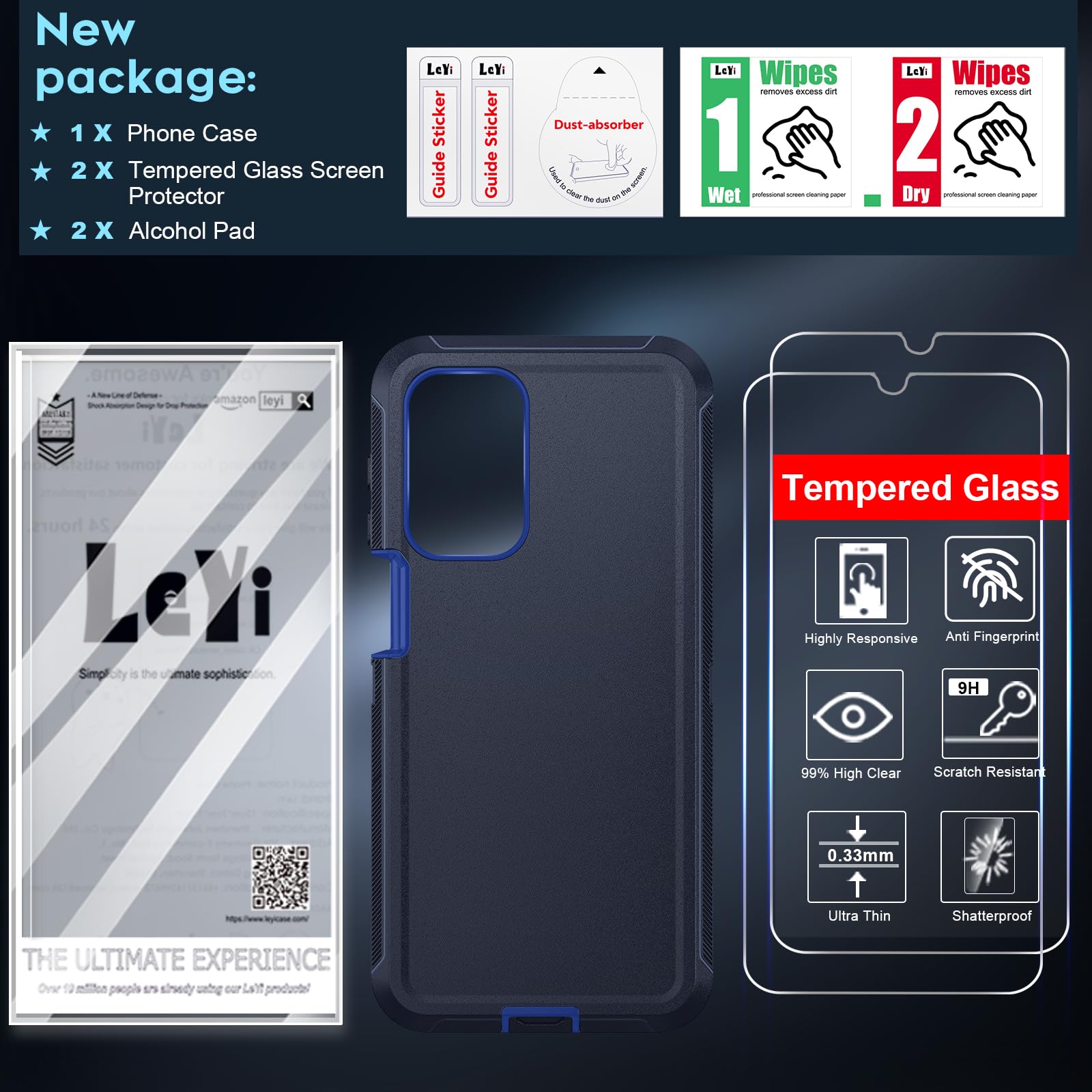 LeYi Compatible for Samsung Galaxy A23 5G Case: Samsung A23 Case [Not Fit A23 5G UW Verizon] with 2 PCS Tempered Glass Screen Protectors, 3 in 1 Full Body Shockproof Rubber Dustproof Rugged Case, Blue