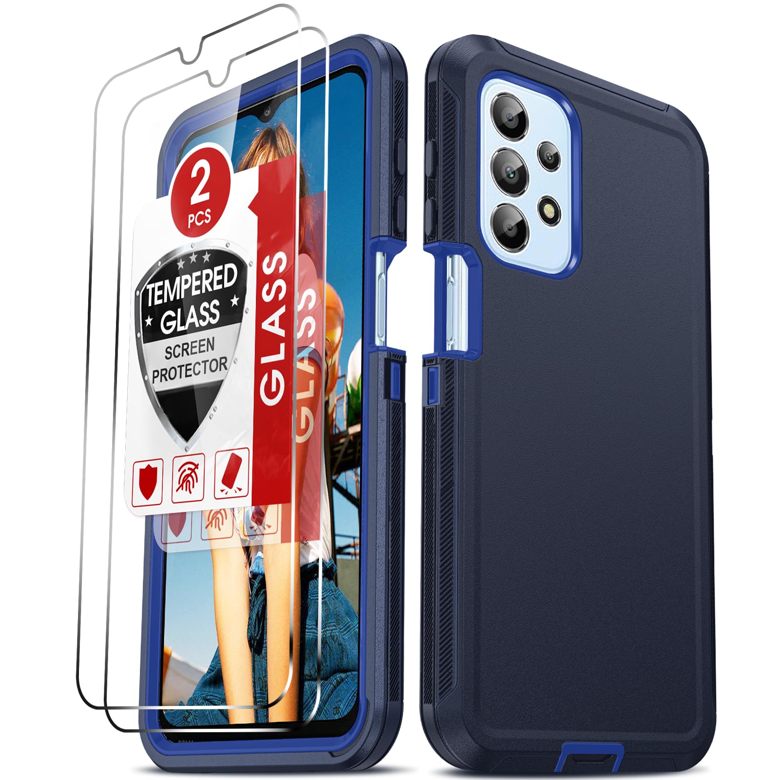 LeYi Compatible for Samsung Galaxy A23 5G Case: Samsung A23 Case [Not Fit A23 5G UW Verizon] with 2 PCS Tempered Glass Screen Protectors, 3 in 1 Full Body Shockproof Rubber Dustproof Rugged Case, Blue