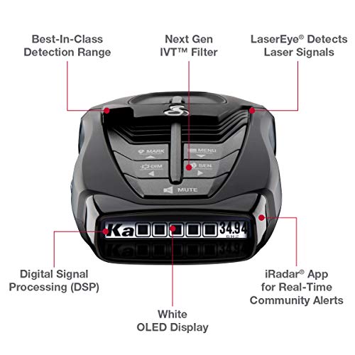 Cobra RAD 480i Laser Radar Detector – Long Range Detection, Bluetooth, iRadar App, LaserEye Front and Rear Detection, Next Gen IVT Filtering, Black