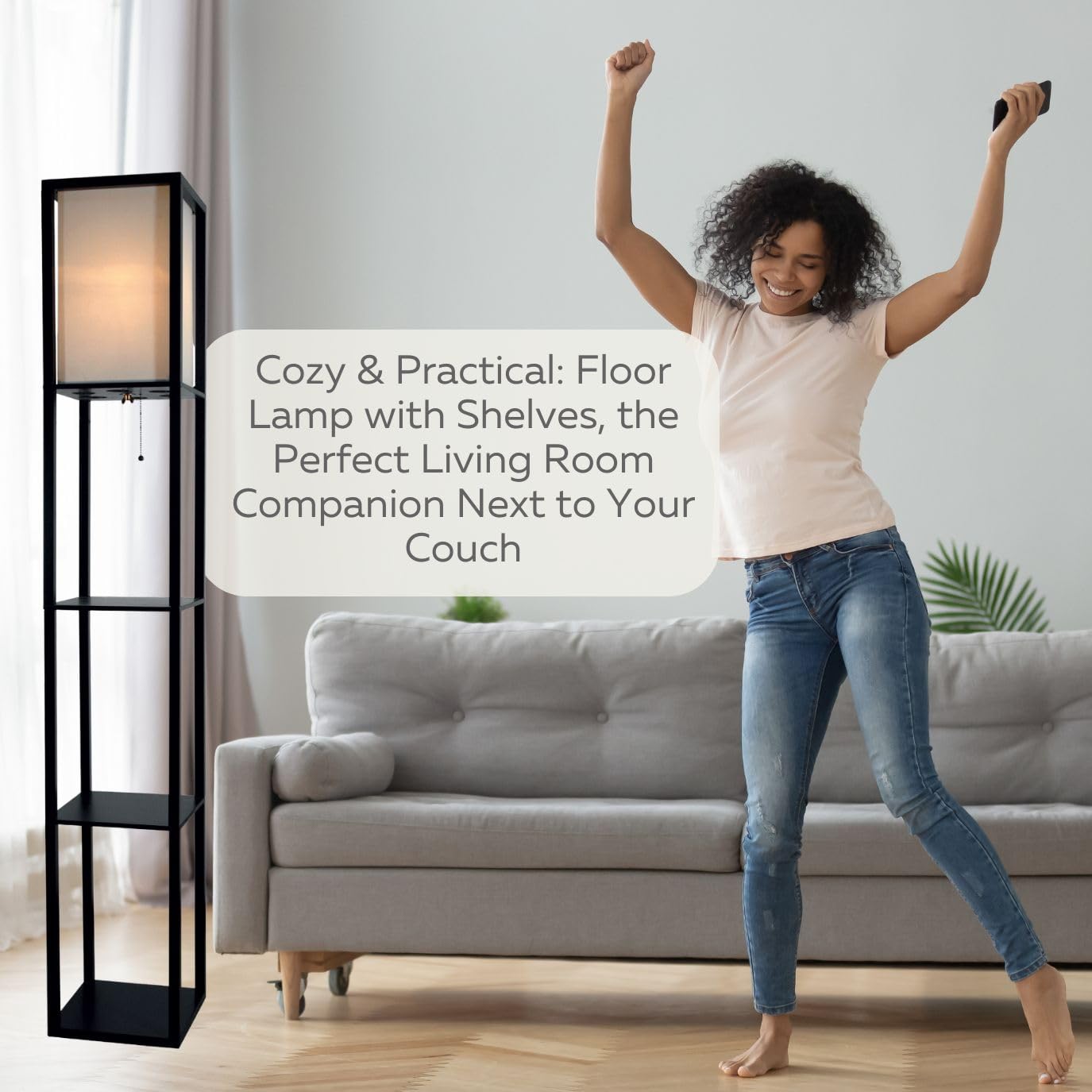 Floor Lamp with Shelves - Room Light by LIGHTACCENTS - Corner Storage Standing Bookshelf Lamp - Bedroom Light with Wooden Storage Shelves and White Cotton Linen Shade (Black)