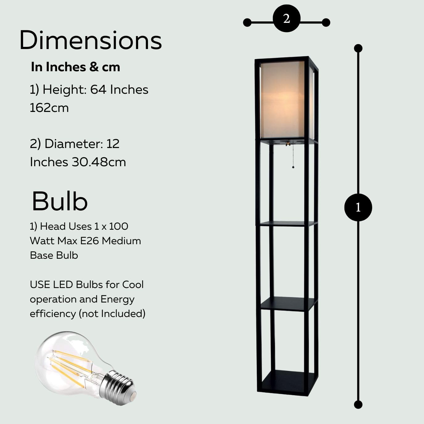 Floor Lamp with Shelves - Room Light by LIGHTACCENTS - Corner Storage Standing Bookshelf Lamp - Bedroom Light with Wooden Storage Shelves and White Cotton Linen Shade (Black)