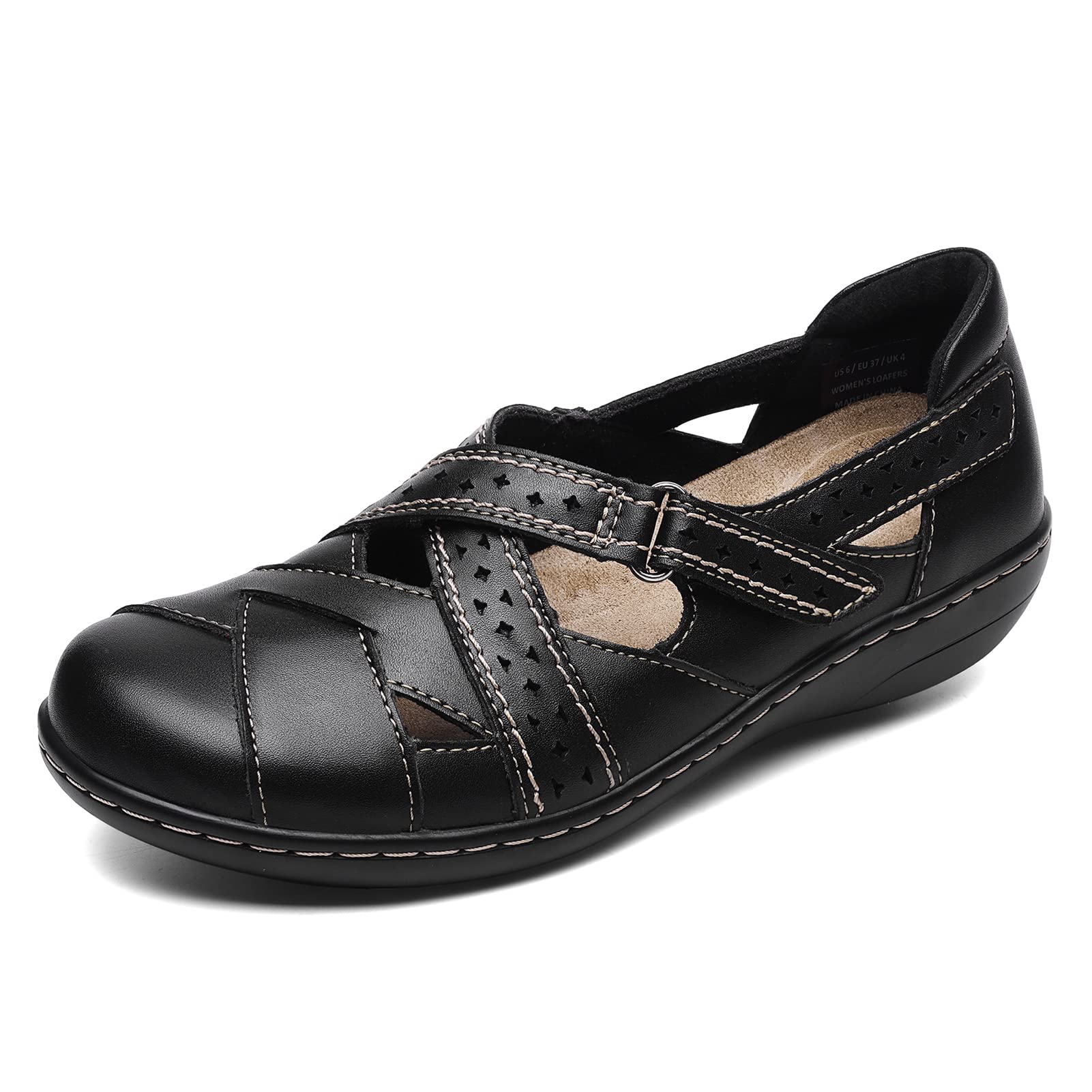 Irrefour Women's Classic Black Genuine Leather Casual Loafer Cute Slip-On Fashion Closed Toe Flat Sandal Comfy Work Sandal Everyday Walking Shoe 1607-HEI100