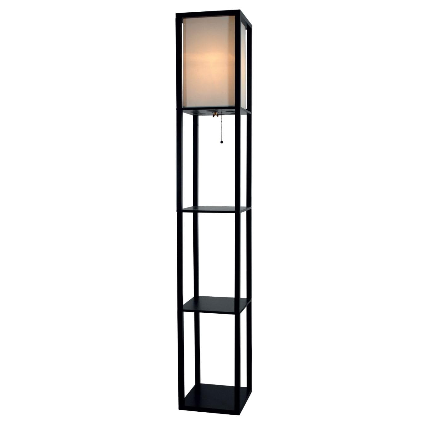 Floor Lamp with Shelves - Room Light by LIGHTACCENTS - Corner Storage Standing Bookshelf Lamp - Bedroom Light with Wooden Storage Shelves and White Cotton Linen Shade (Black)