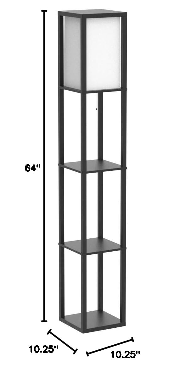 Floor Lamp with Shelves - Room Light by LIGHTACCENTS - Corner Storage Standing Bookshelf Lamp - Bedroom Light with Wooden Storage Shelves and White Cotton Linen Shade (Black)