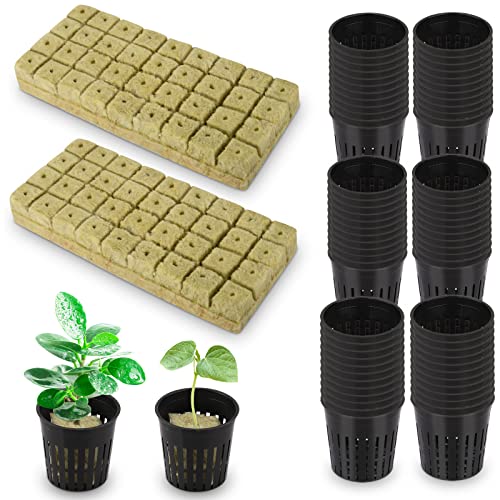 72 Sets Rockwool Cubes and Net Pots, 1.2 * 1.2 * 1.5 inch Rock Wool 72 Plugs & 72-Pack 2inch Net Cups for Hydroponics Growing Systemm, Garden Tower Supplies