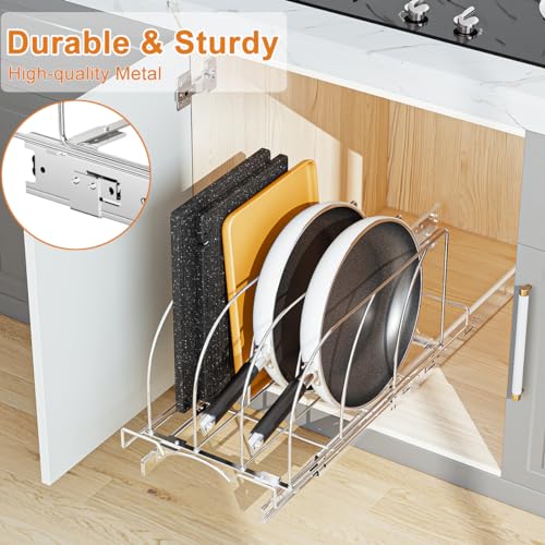 FANHAO Slide Out Cutting Board, Bakeware, and Tray Organizer, Pull Out Kitchen Cabinet Organizer Pan and Pot Lid Organizer, Sliding Rack for Cookie Sheet- 10 inch wide x 20.9 inch deep – Chrome