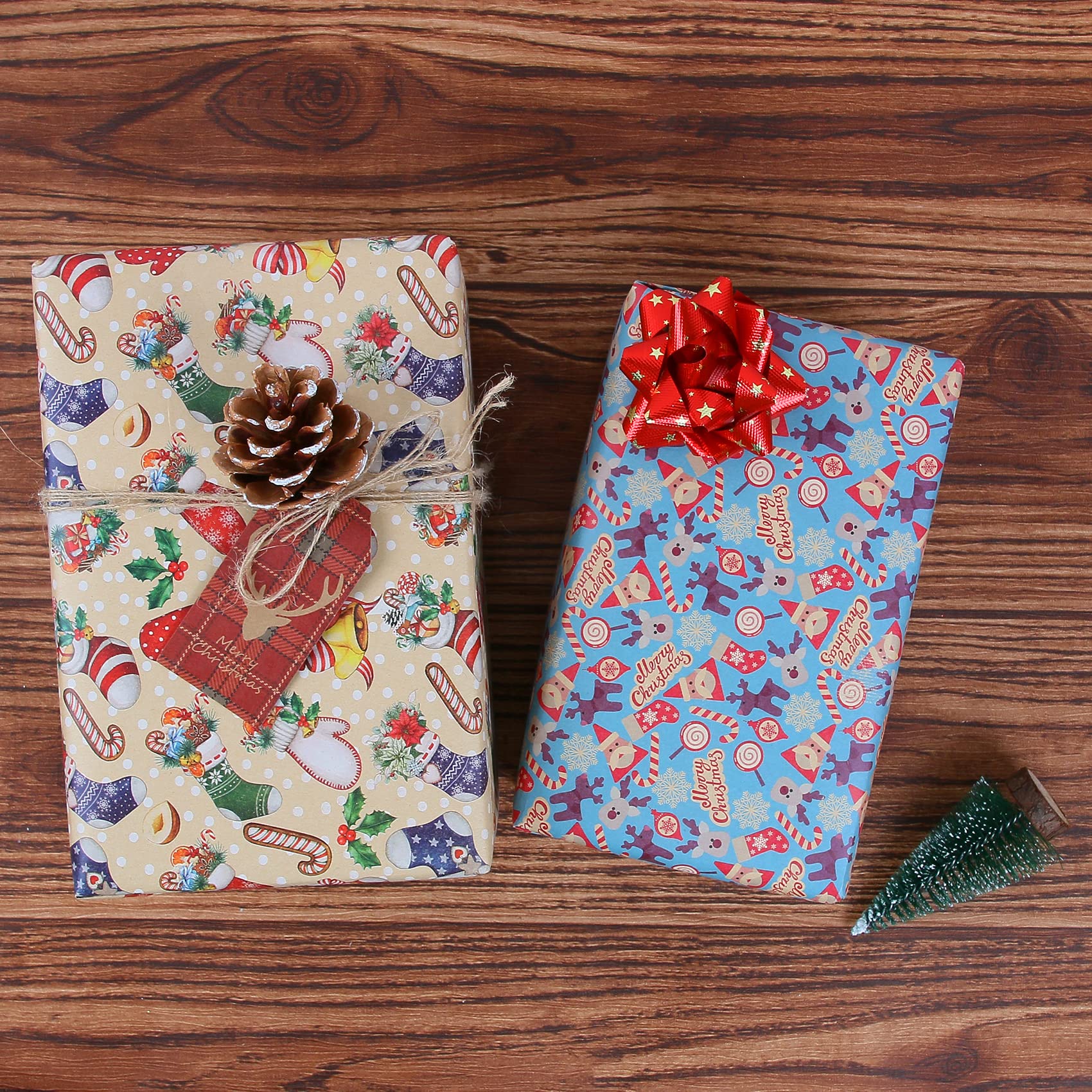 Aimyoo Kraft Christmas Wrapping Paper Jumbo Roll, Santa Stockings Candy Canes Deer Letters Design, Kids Xmas Gift Wrap Paper 17 in x 32 ft
