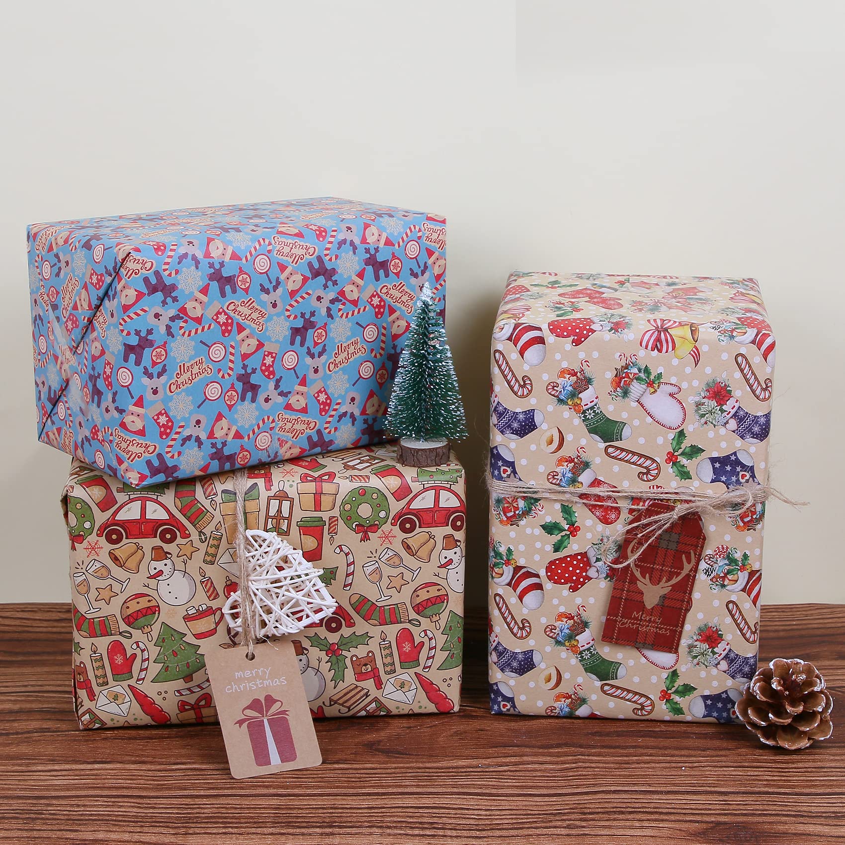 Aimyoo Kraft Christmas Wrapping Paper Jumbo Roll, Santa Stockings Candy Canes Deer Letters Design, Kids Xmas Gift Wrap Paper 17 in x 32 ft