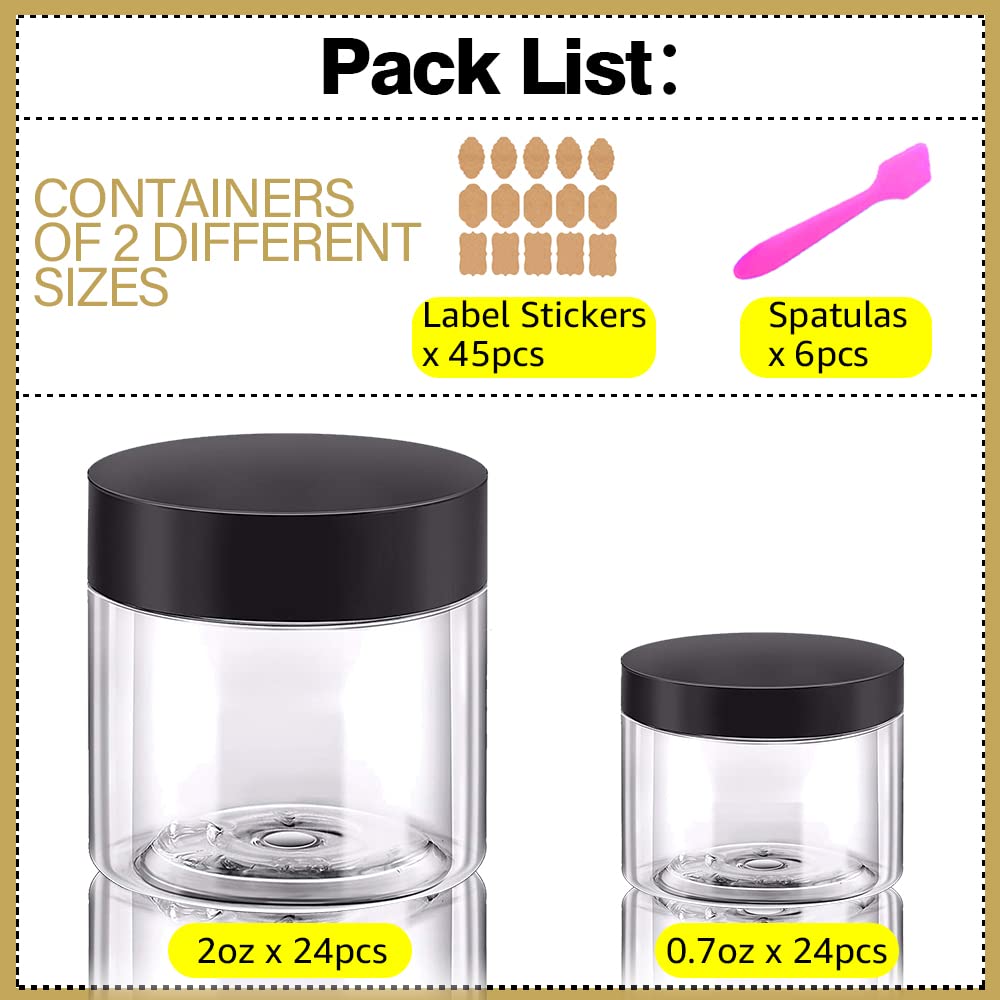 2oz Plastic Jars Round Cosmetic Containers with Lids | 20 Gram Clear Small Sample Containers (Set of 48) for Cream, Body Butter, Eye Shadow, Rhinestone, Lip Scrub, Travel - Labels & Spatulas