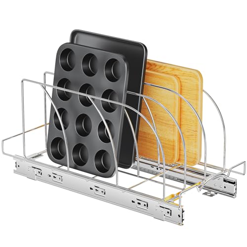 FANHAO Slide Out Cutting Board, Bakeware, and Tray Organizer, Pull Out Kitchen Cabinet Organizer Pan and Pot Lid Organizer, Sliding Rack for Cookie Sheet- 10 inch wide x 20.9 inch deep â Chrome