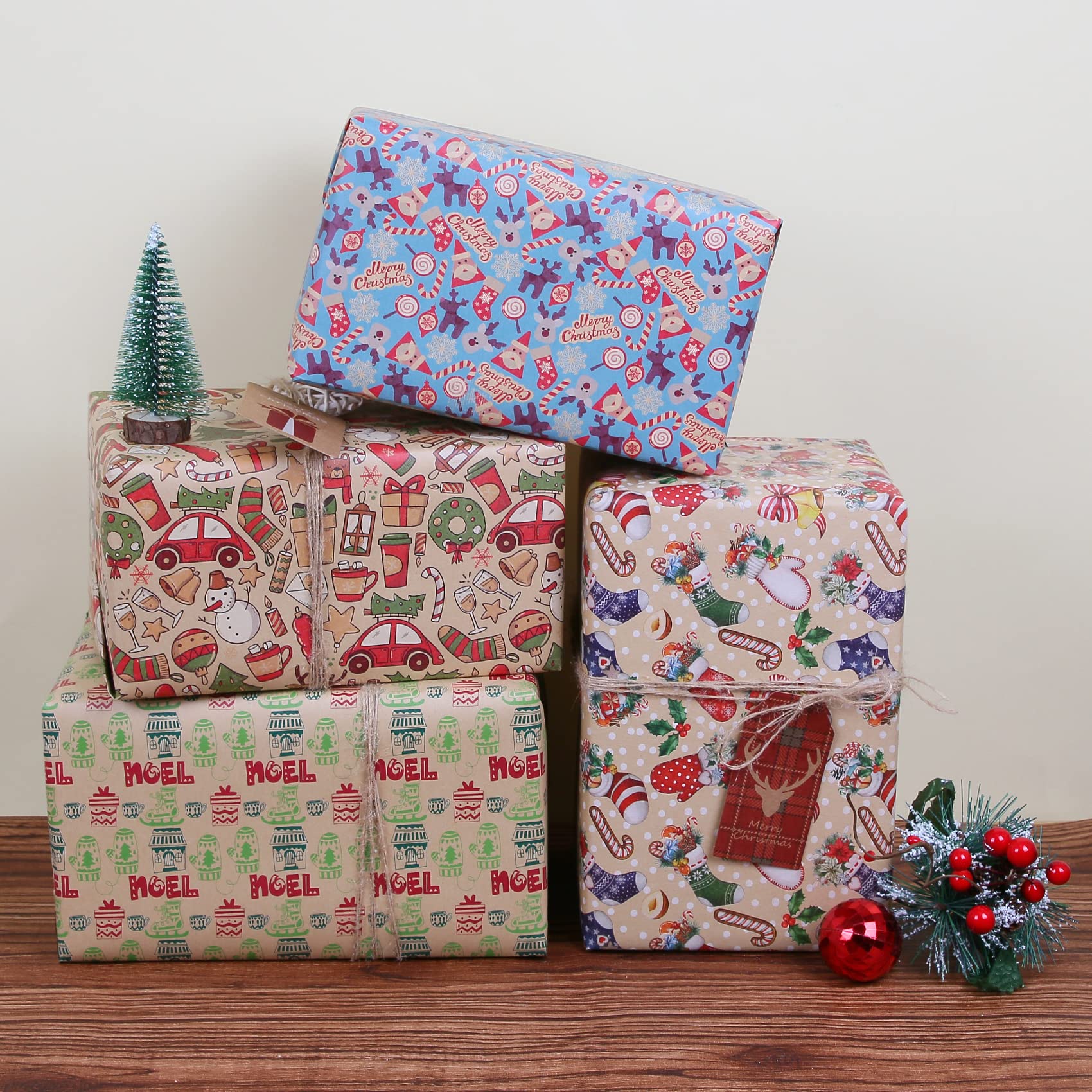 Aimyoo Kraft Christmas Wrapping Paper Jumbo Roll, Santa Stockings Candy Canes Deer Letters Design, Kids Xmas Gift Wrap Paper 17 in x 32 ft