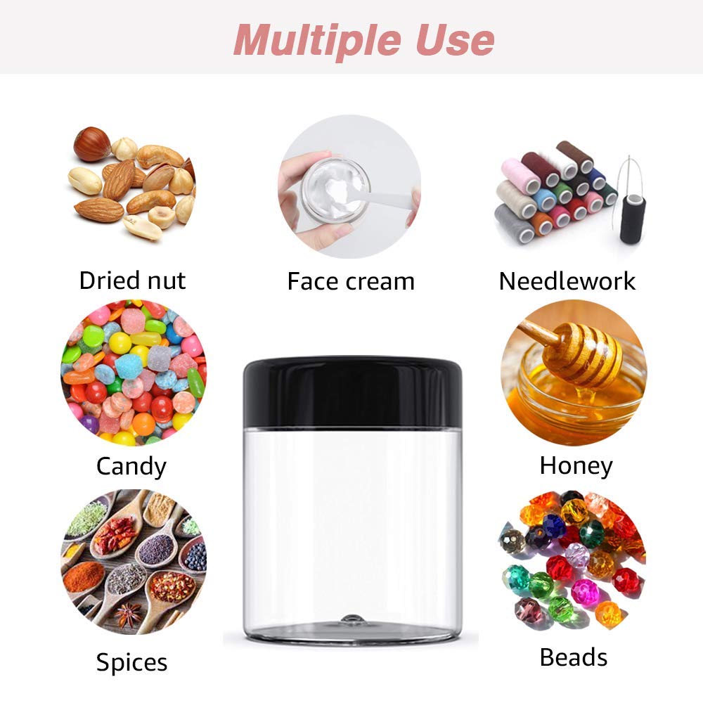 2oz Plastic Jars Round Cosmetic Containers with Lids | 20 Gram Clear Small Sample Containers (Set of 48) for Cream, Body Butter, Eye Shadow, Rhinestone, Lip Scrub, Travel - Labels & Spatulas