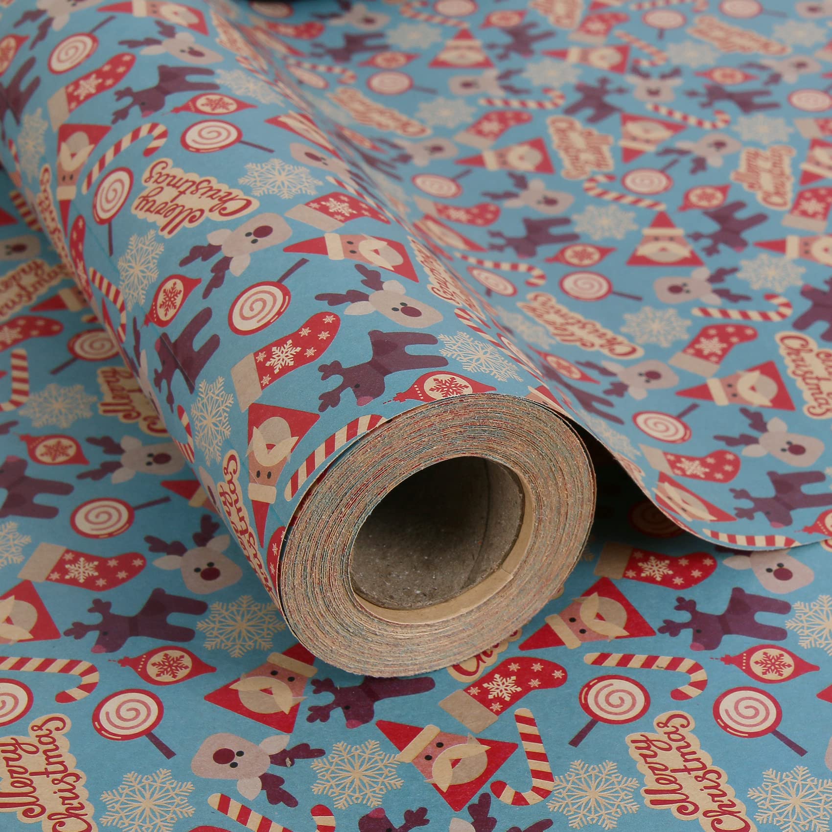 Aimyoo Kraft Christmas Wrapping Paper Jumbo Roll, Santa Stockings Candy Canes Deer Letters Design, Kids Xmas Gift Wrap Paper 17 in x 32 ft
