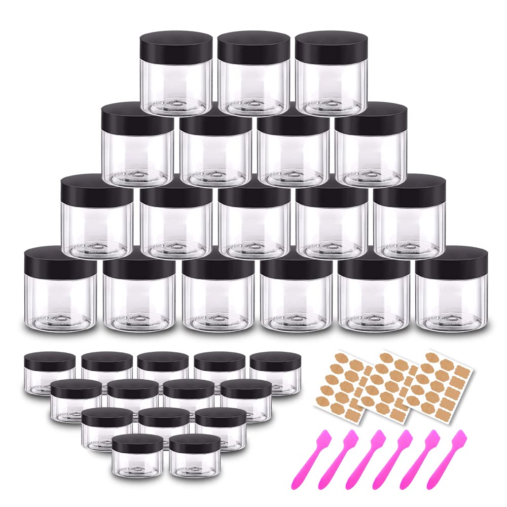 2oz Plastic Jars Round Cosmetic Containers with Lids | 20 Gram Clear Small Sample Containers (Set of 48) for Cream, Body Butter, Eye Shadow, Rhinestone, Lip Scrub, Travel - Labels & Spatulas