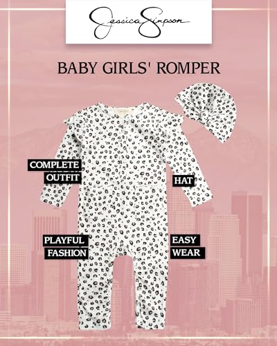 Jessica Simpson Baby Girls' Romper - Overall Jumpsuit with Hat or Headband - Long Sleeve Bodysuit for Newborns/Infants, 0-24M, Size 3-6 Months, Leopard