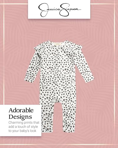 Jessica Simpson Baby Girls' Romper - Overall Jumpsuit with Hat or Headband - Long Sleeve Bodysuit for Newborns/Infants, 0-24M, Size 3-6 Months, Leopard