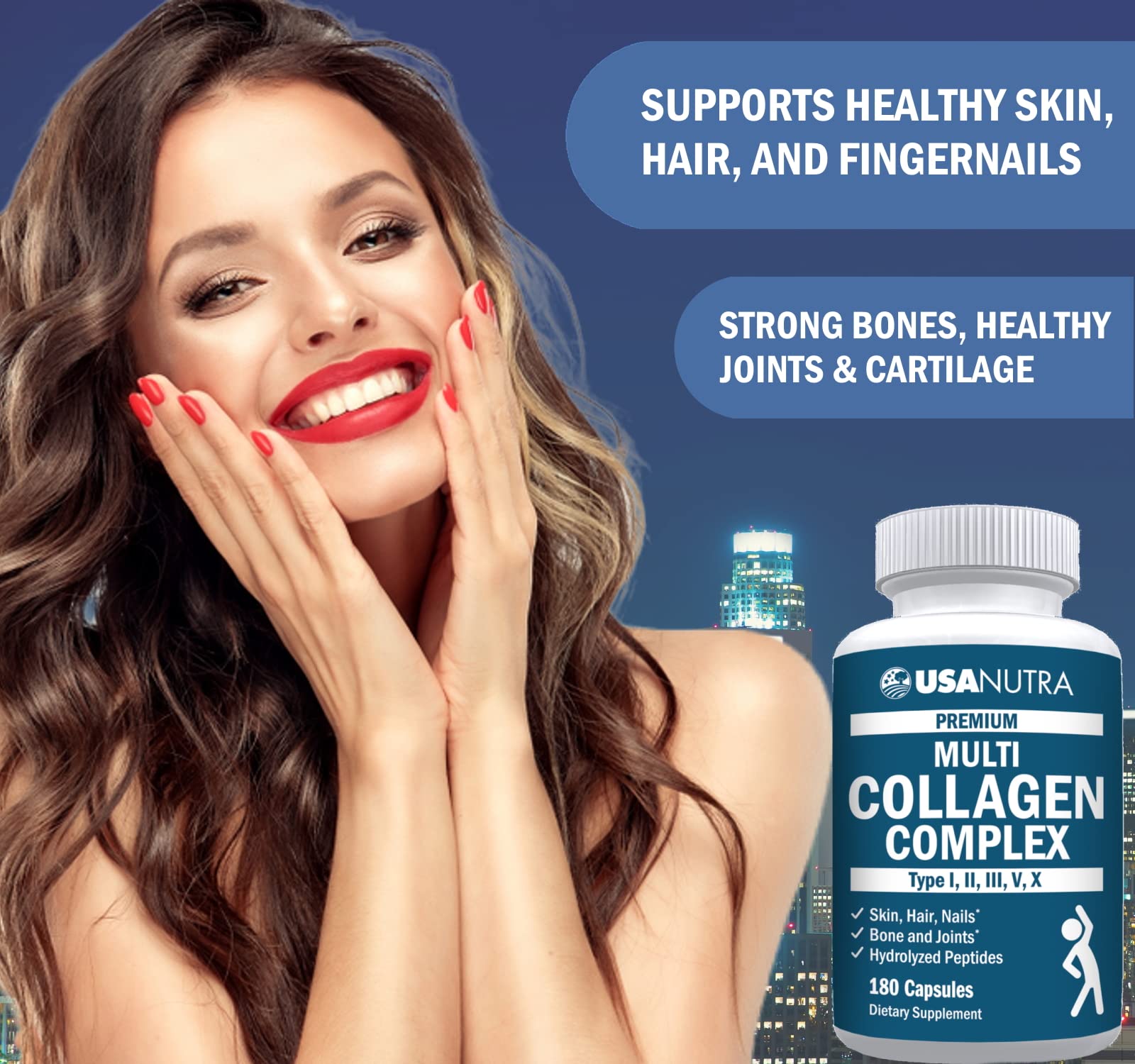 USANUTRA Collagen Peptide Protein Pills for Women and Men Type I, II, III, V, X Multi Collagen 180 Capsules Non-GMO with Bovine and Marine Collagen