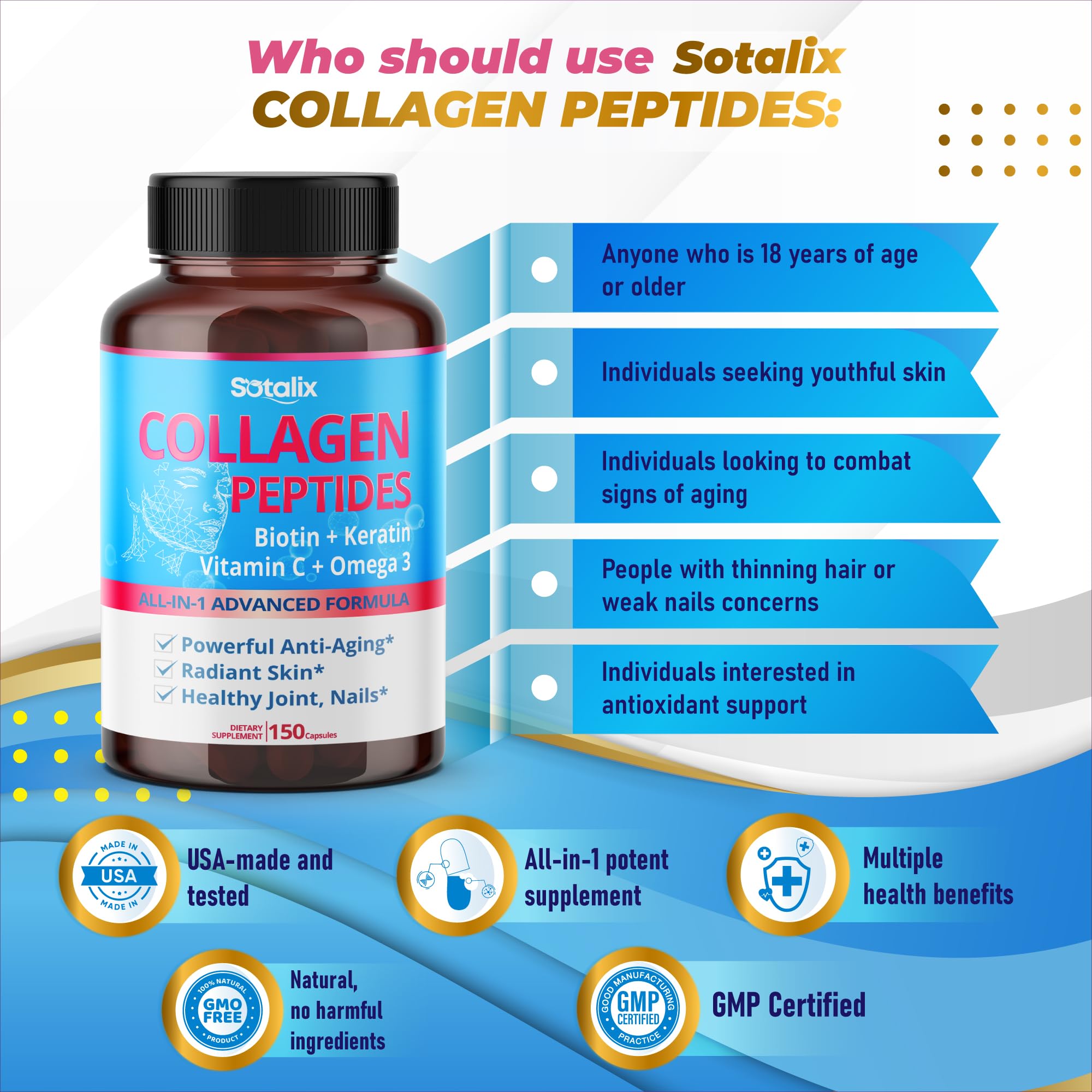 Collagen Peptides 16,780 mg with Biotin + Keratin, Vitamin C + Omega 3 - Radiant Skin, Healthy Joint, Nails - USA Made & Tested (150-day Supply)