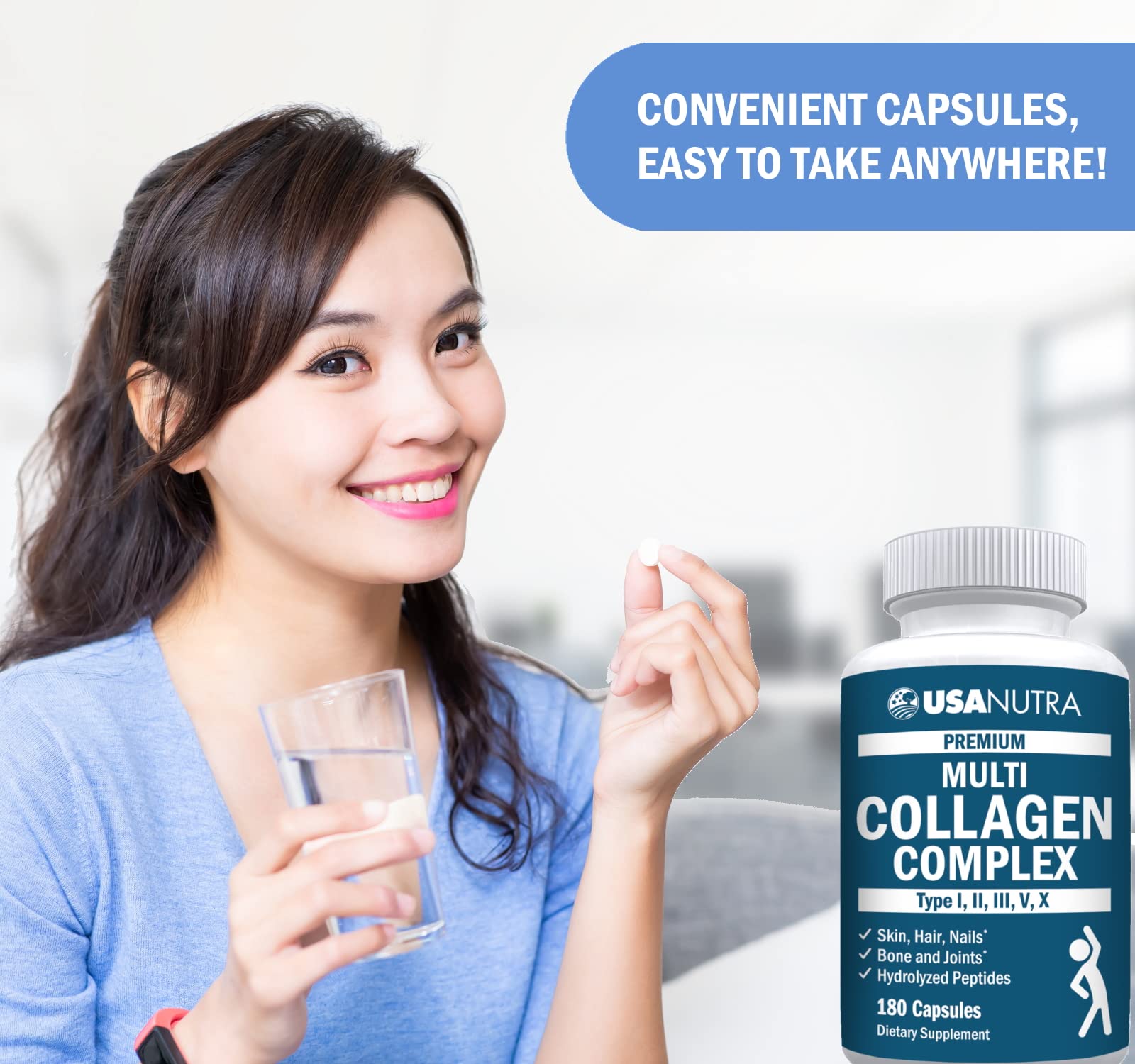 USANUTRA Collagen Peptide Protein Pills for Women and Men Type I, II, III, V, X Multi Collagen 180 Capsules Non-GMO with Bovine and Marine Collagen
