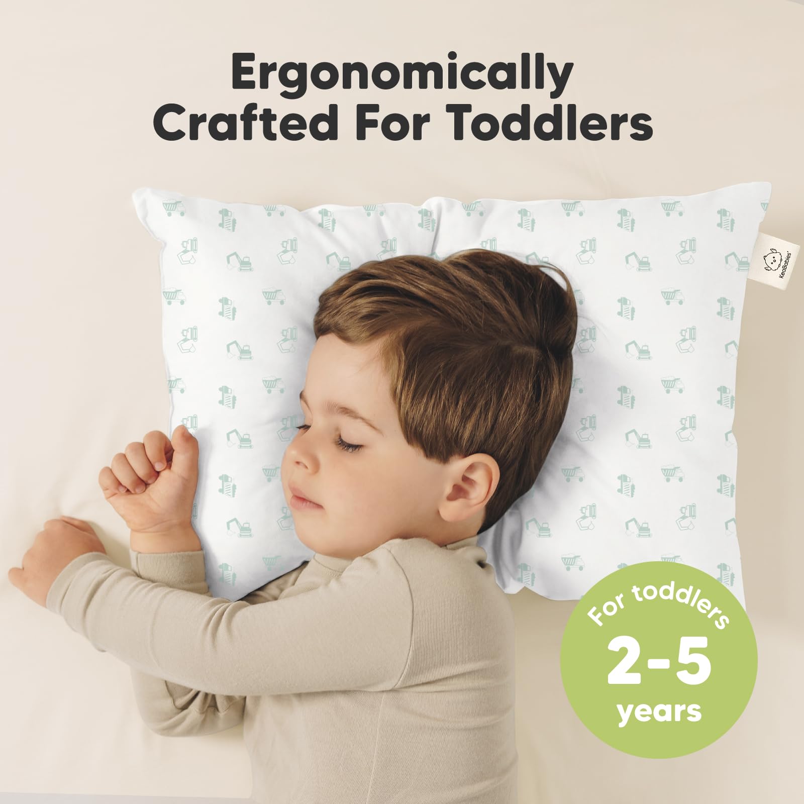 KeaBabies 2-Pack Toddler Pillow 13x18 - Soft Organic Cotton Kids Travel Bed Pillows for Sleeping, School, Nap, Machine Washable, Toddlers 2 to 5, Pillowcase Sold Separately (Excavator)