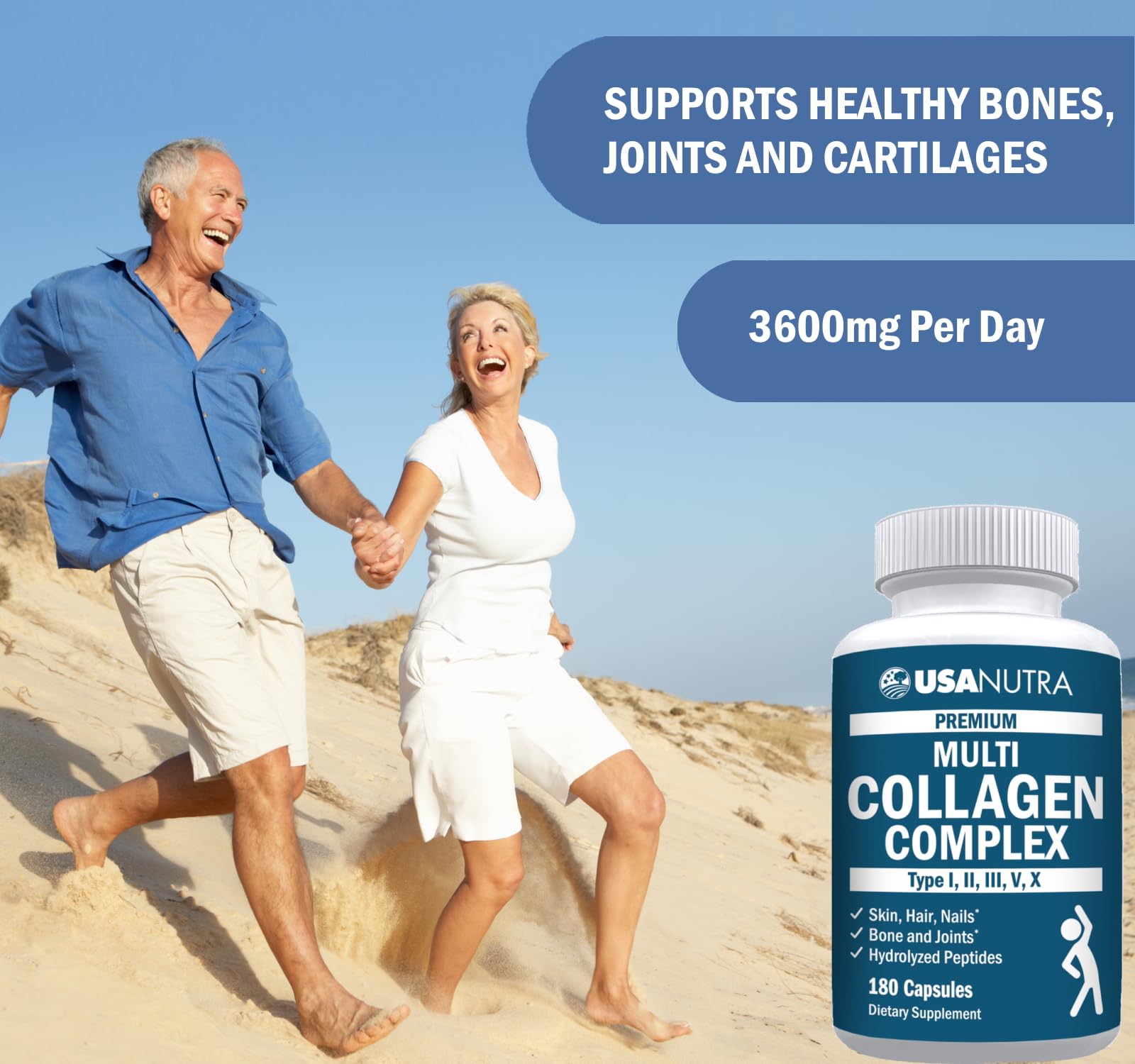 USANUTRA Collagen Peptide Protein Pills for Women and Men Type I, II, III, V, X Multi Collagen 180 Capsules Non-GMO with Bovine and Marine Collagen