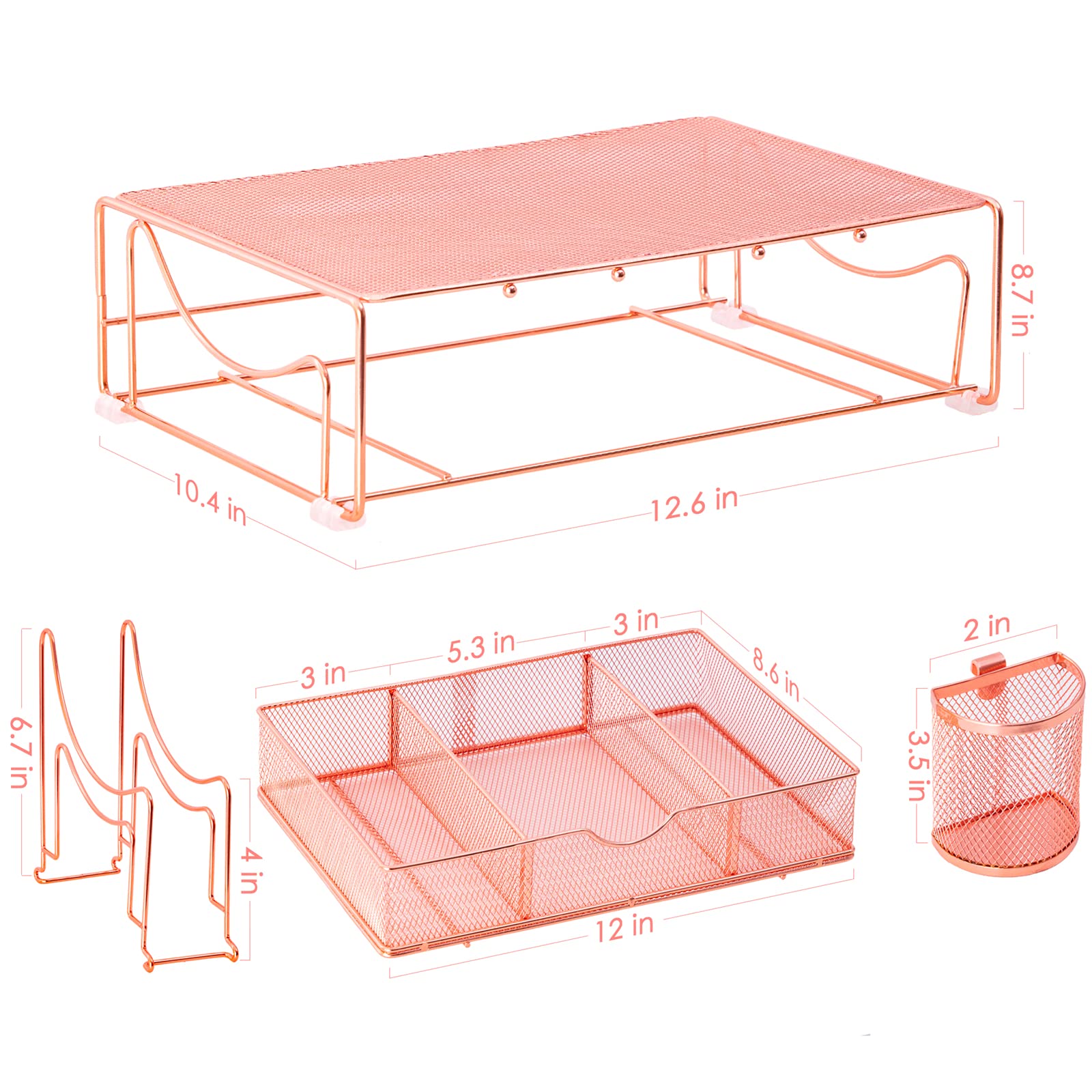 ARCOBIS Rose Gold Desk File Organizer for Women, Desk Organizers and Accessories with Pen Holder & Sliding Drawer & Vertical File Folder Sorters, Cute Desktop File Holder for Office Supplies