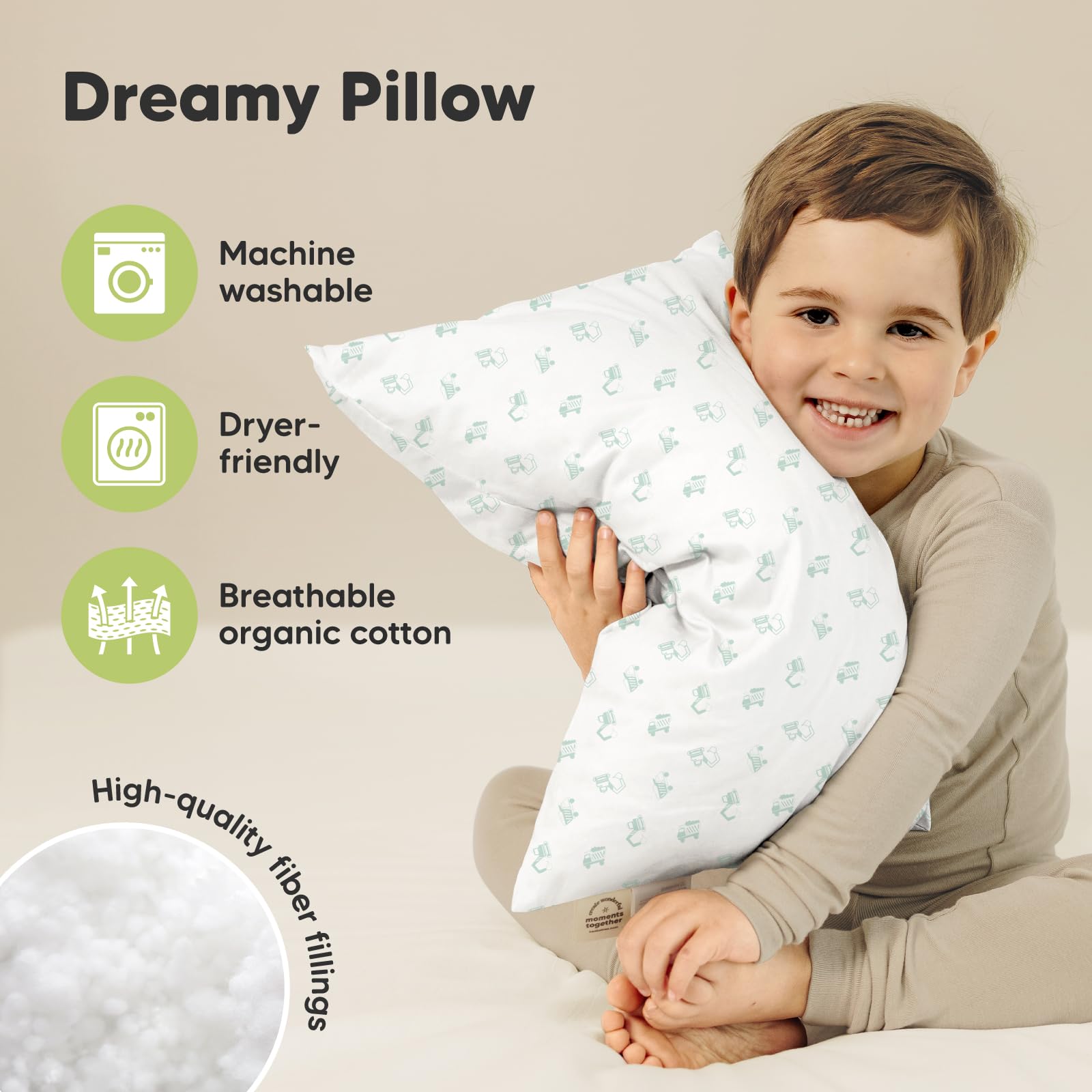 KeaBabies 2-Pack Toddler Pillow 13x18 - Soft Organic Cotton Kids Travel Bed Pillows for Sleeping, School, Nap, Machine Washable, Toddlers 2 to 5, Pillowcase Sold Separately (Excavator)
