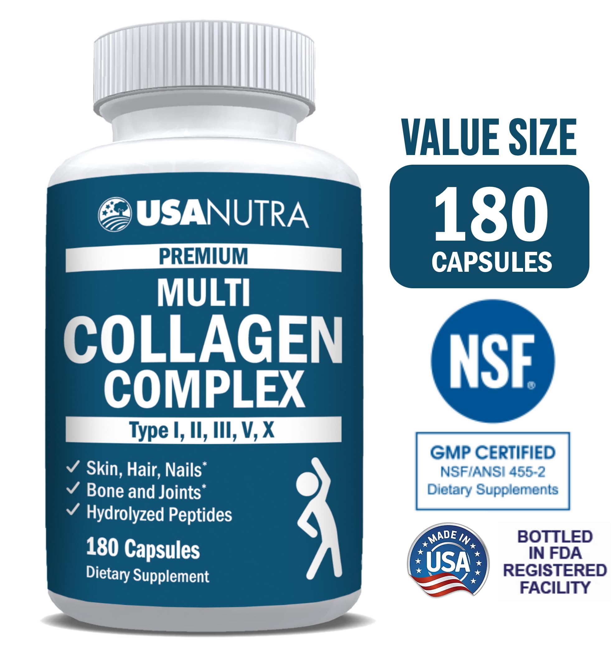 USANUTRA Collagen Peptide Protein Pills for Women and Men Type I, II, III, V, X Multi Collagen 180 Capsules Non-GMO with Bovine and Marine Collagen