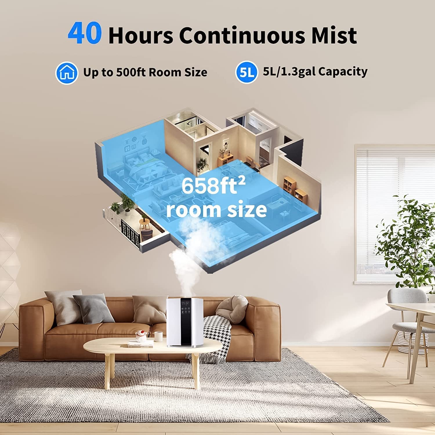 Humidifiers for Bedroom Large Room, Cool and Warm Mist( up to 212℉) Humidifier with 3-fold Purification, 5L Top Fill Quiet 3 Speed Humidifiers with Auto Shut-Off