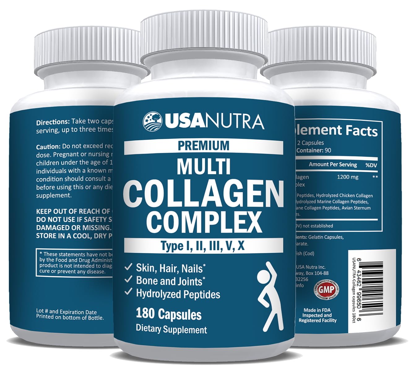 USANUTRA Collagen Peptide Protein Pills for Women and Men Type I, II, III, V, X Multi Collagen 180 Capsules Non-GMO with Bovine and Marine Collagen