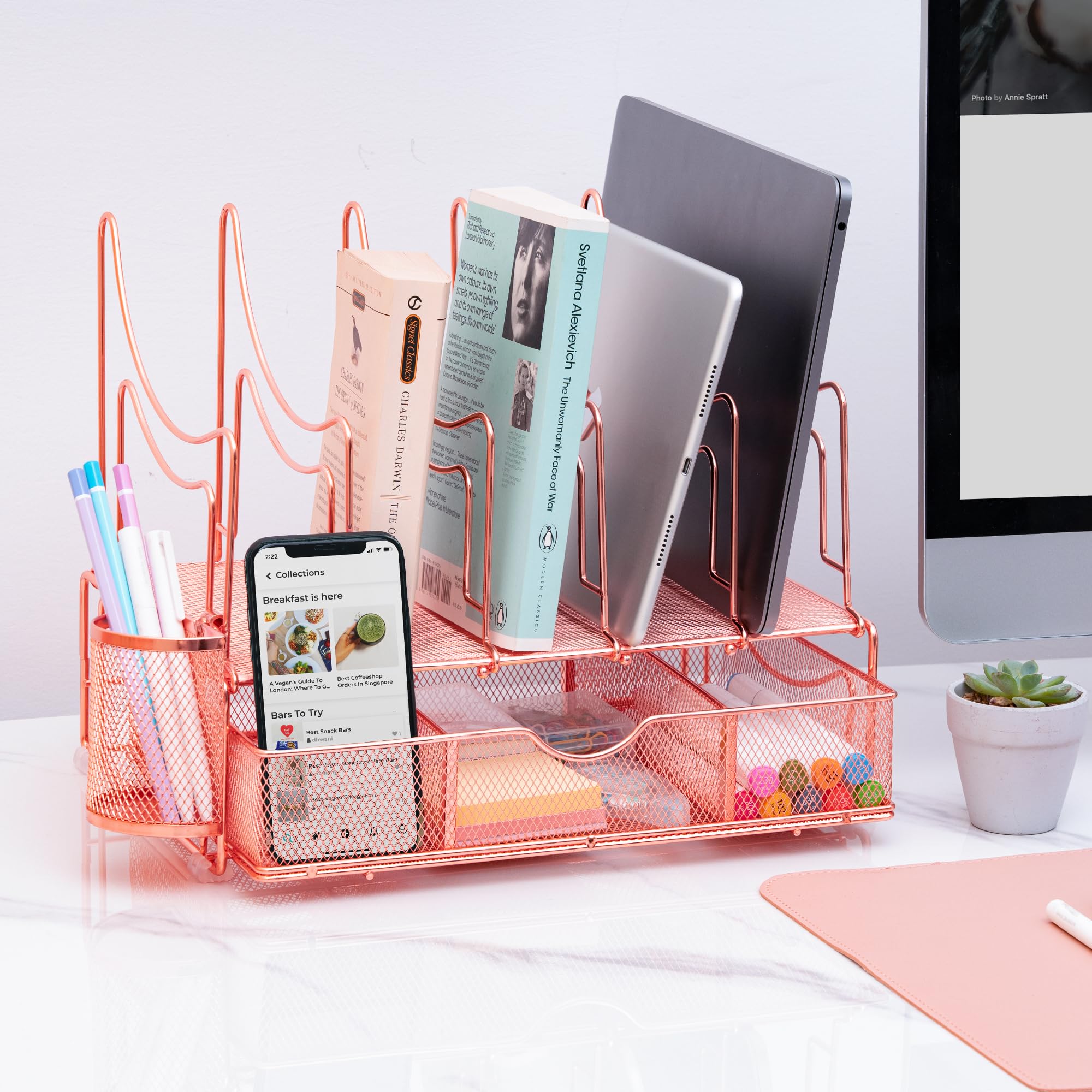 ARCOBIS Rose Gold Desk File Organizer for Women, Desk Organizers and Accessories with Pen Holder & Sliding Drawer & Vertical File Folder Sorters, Cute Desktop File Holder for Office Supplies